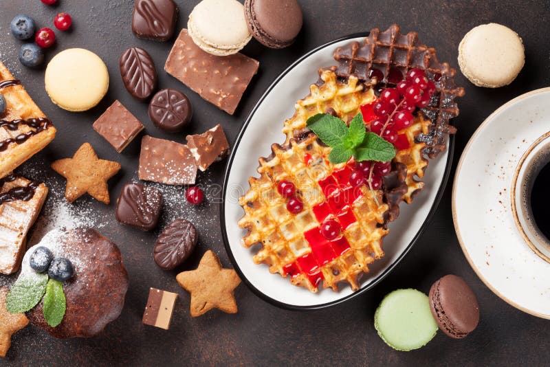 Coffee, Sweets and Waffles with Berries Stock Photo - Image of black ...