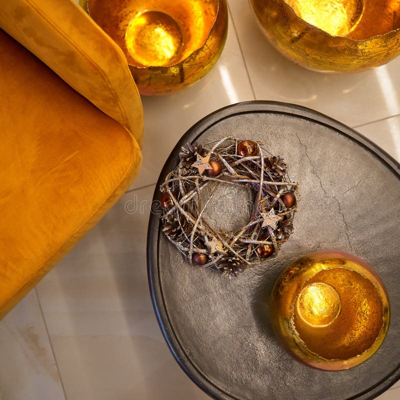 Coffee Table with Christmas Decor Top View Stock Image - Image of gift ...