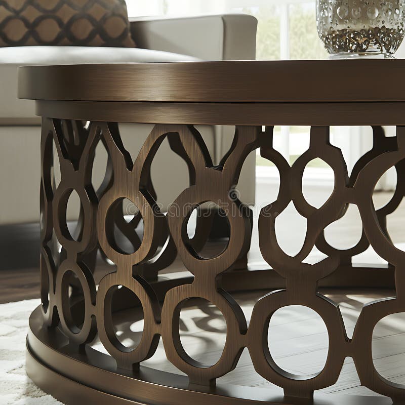 A Coffee Table with a Circular Design and a White Rug Underneath Stock ...