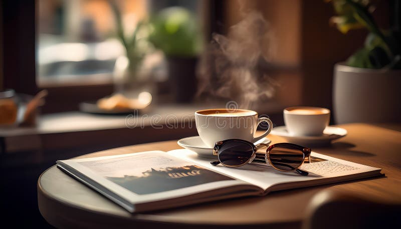Coffee Table with Latte, Sunglasses and Open Guidebook Stock ...