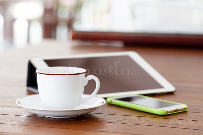 Coffee and Tablet on Wooden Table Stock Photo - Image of multimedia ...