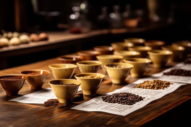 Coffee Tasting Session, with Cups of Coffee Lined Up on a Rustic Wooden ...