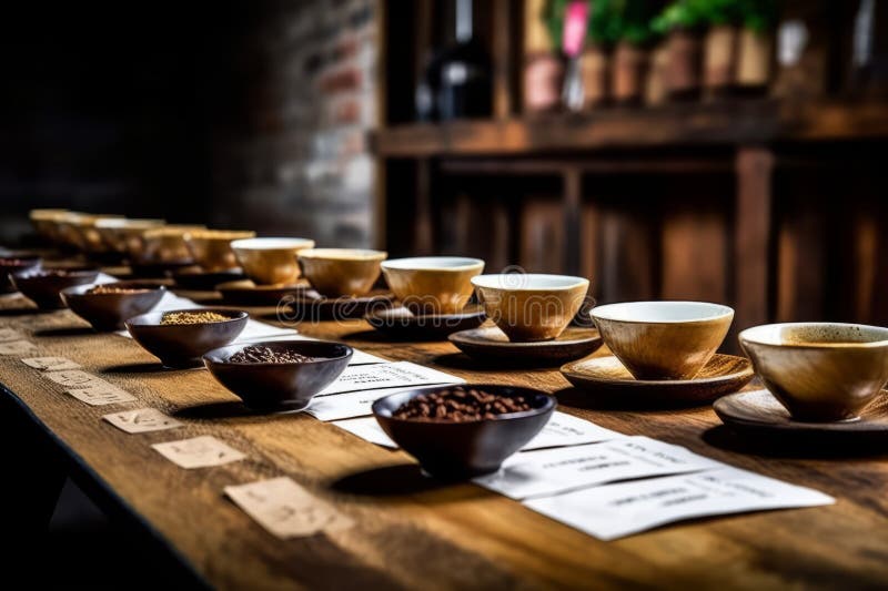 Coffee Tasting Session, with Cups of Coffee Lined Up on a Rustic Wooden ...