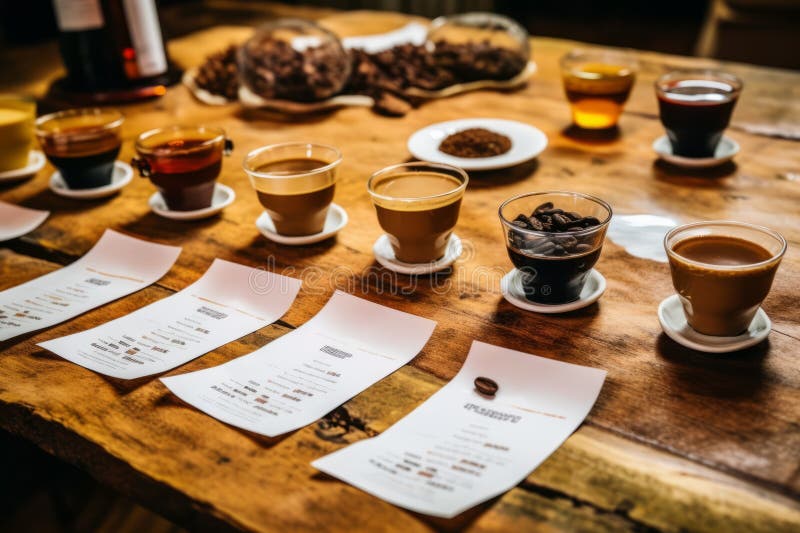 Coffee Tasting Session, with Cups of Coffee Lined Up on a Rustic Wooden ...