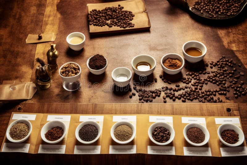 Coffee Tasting Session, with Cups of Coffee Lined Up on a Rustic Wooden ...