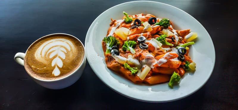 Coffee and Tasty Pasta on a Table in a Restaurant Stock Image - Image ...