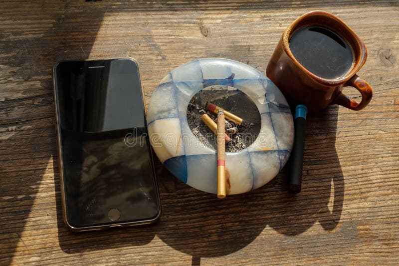 Coffee or Tea Cup and Ashtray for Cigarettes, Coffee Drinking Mug Stock ...