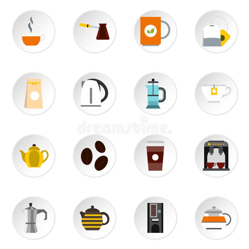 Coffee and Tea Icons Set, Flat Style Stock Vector - Illustration of ...