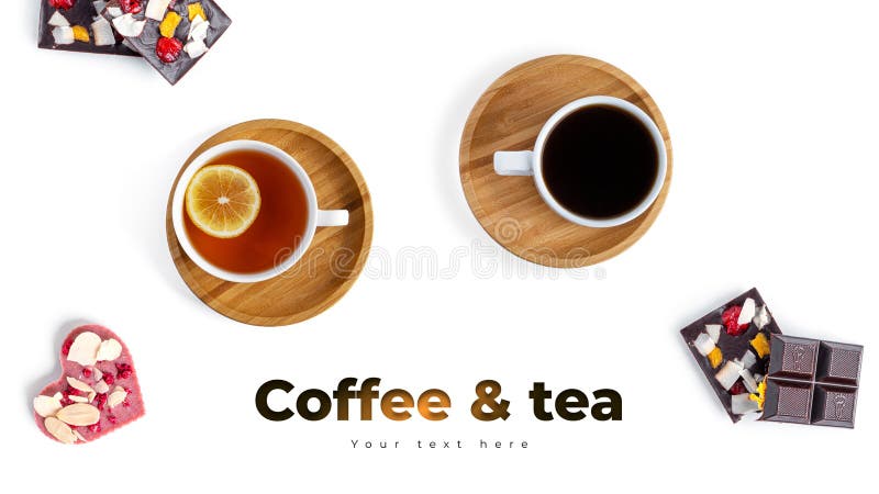 Coffee, Tea and Raw Chocolate on a White Background. Long Header Banner ...