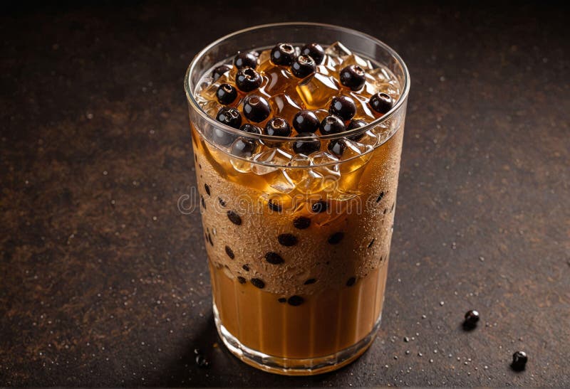 Amber-Colored Bubble Tea with Tapioca Pearls on Dark Background Stock ...