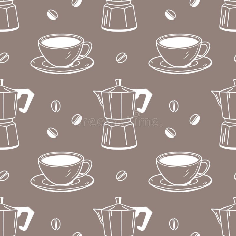 Coffee Themed Seamless Pattern with Cups, Coffee Makers and Beans. Cafe Menu Background Stock ...