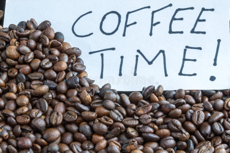 Coffee time with beans stock image. Image of text, dark - 305877635