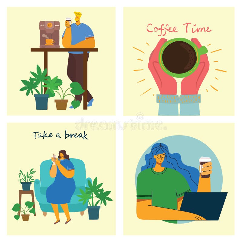 Coffee Time, Break and Relaxation Vector Concept Cards. Vector ...