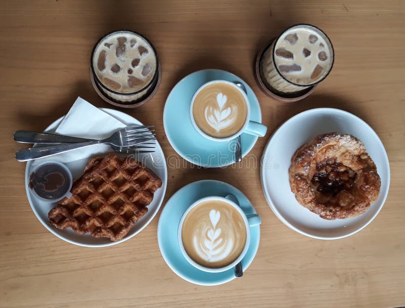 Coffee Time with Chocolate Waffle and Blueberry Bread Stock Image ...