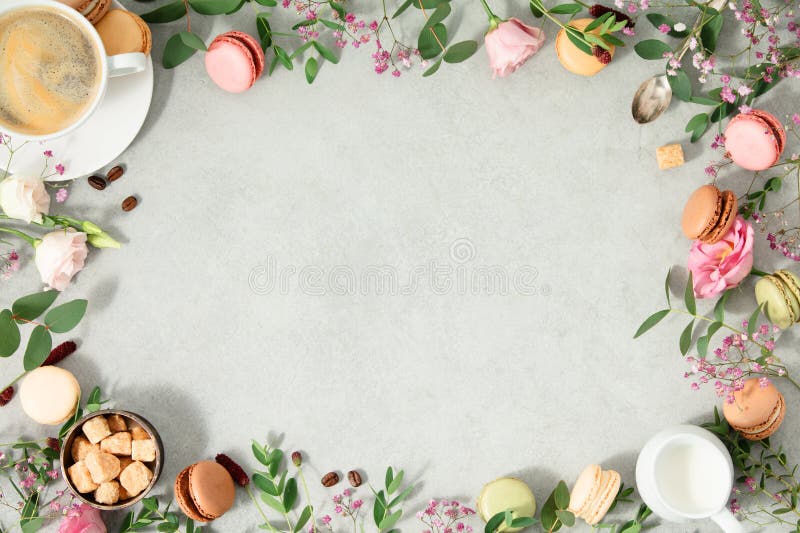 Coffee Time Concept. Frame Made of Spring Flowers, Different Types of ...