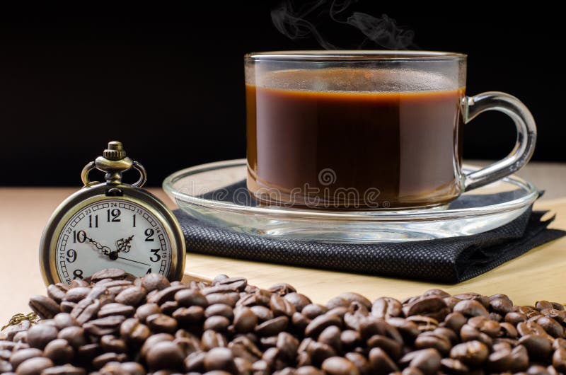 Coffee Time Concept with Vintage Pocket Watch on Coffee Beans Ba Stock ...