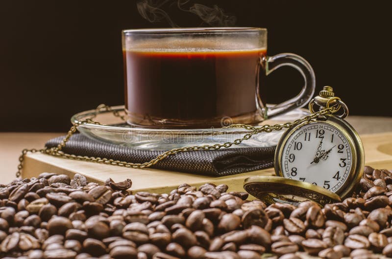 Coffee Time Concept with Vintage Pocket Watch on Coffee Beans Ba Stock ...