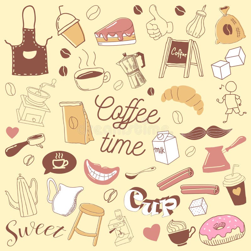 Coffee Time Hand Drawn Doodle. Coffe Beans, Cups and Bakery Stock ...
