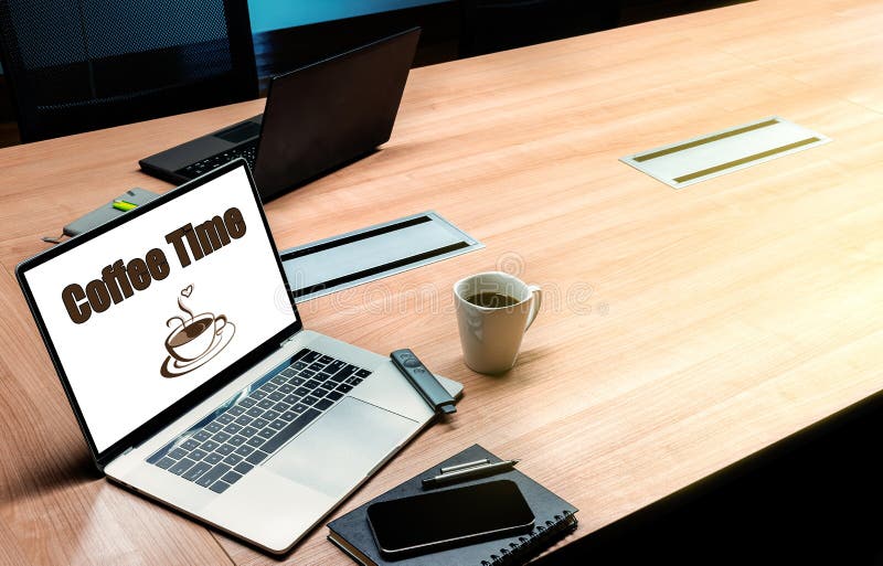 Coffee Time Message and Icon Coffee Cup on Display Laptop with Coffee ...