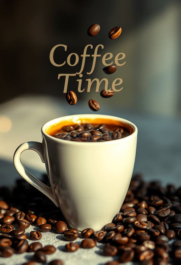 Coffee Time Poster with Floating Coffee Beans of a Cup of Coffee ...