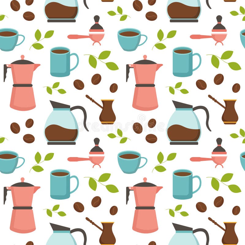 Coffee Time Seamless Pattern Design with Cacao Beans, Grains and Jug in ...