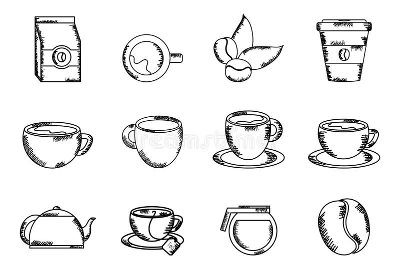 Coffee Time Set Icons Drawing Stock Vector - Illustration of delicious ...