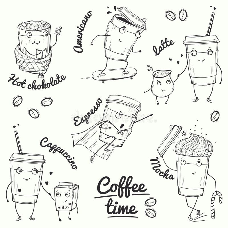 Coffee Time Sketch Style Characters Stock Vector - Illustration of ...