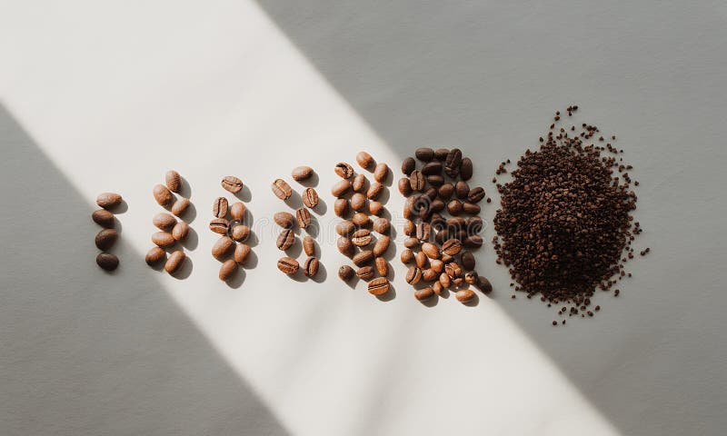 Coffee Transformation from Whole Beans To Finely Ground on a White ...
