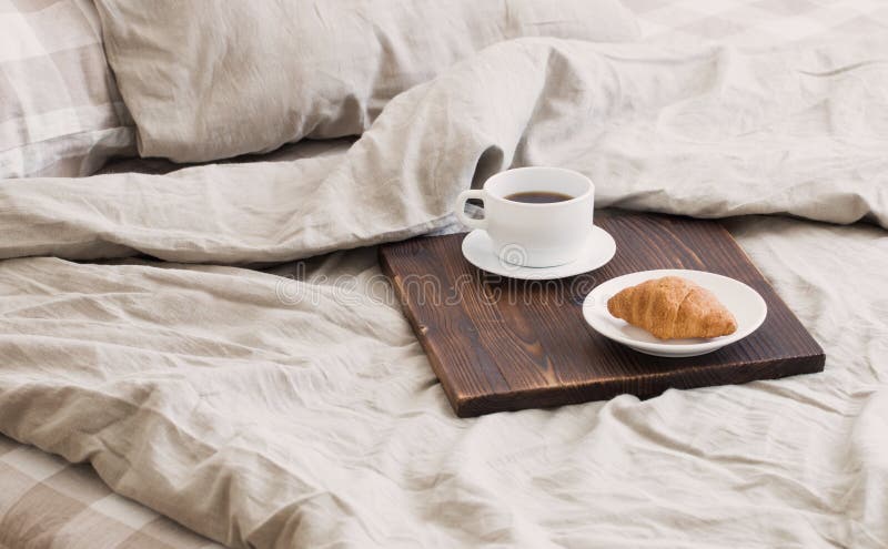 Coffee on Tray on the Bed in Bedroom Stock Image - Image of bedding ...