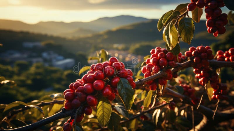 Coffee Tree with Fresh Red Coffee Beans on Coffee Plantat. Generative ...
