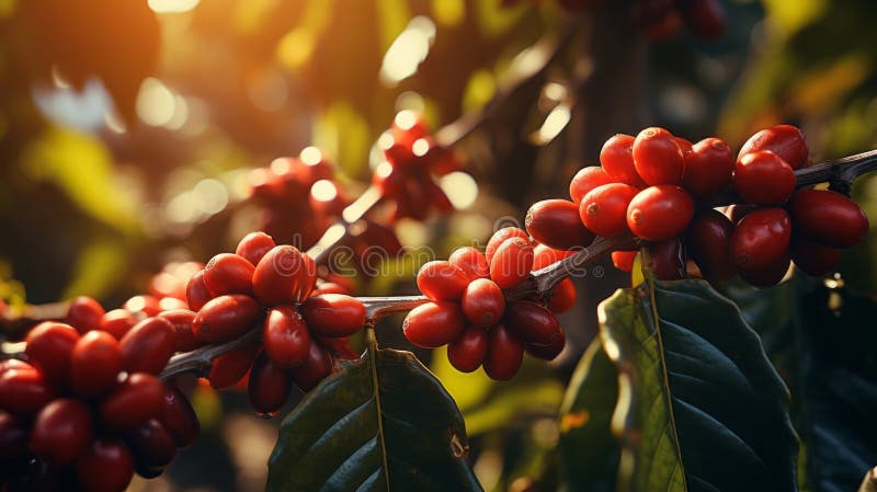 Coffee Tree with Fresh Red Coffee Beans on Coffee Plantat. Generative ...