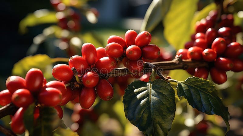 Coffee Tree with Fresh Red Coffee Beans on Coffee Plantat. Generative ...