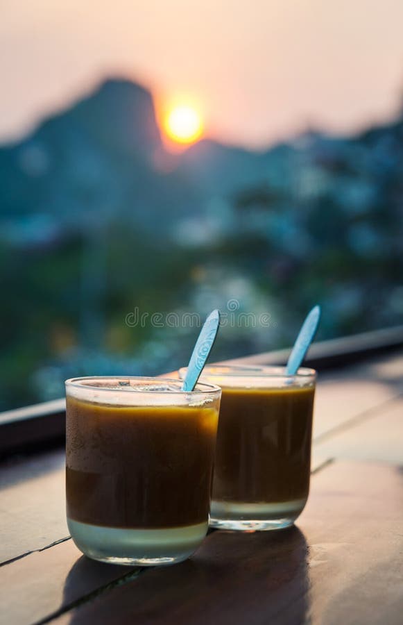Coffee for Two with Romantic Sunset Stock Image - Image of couple ...