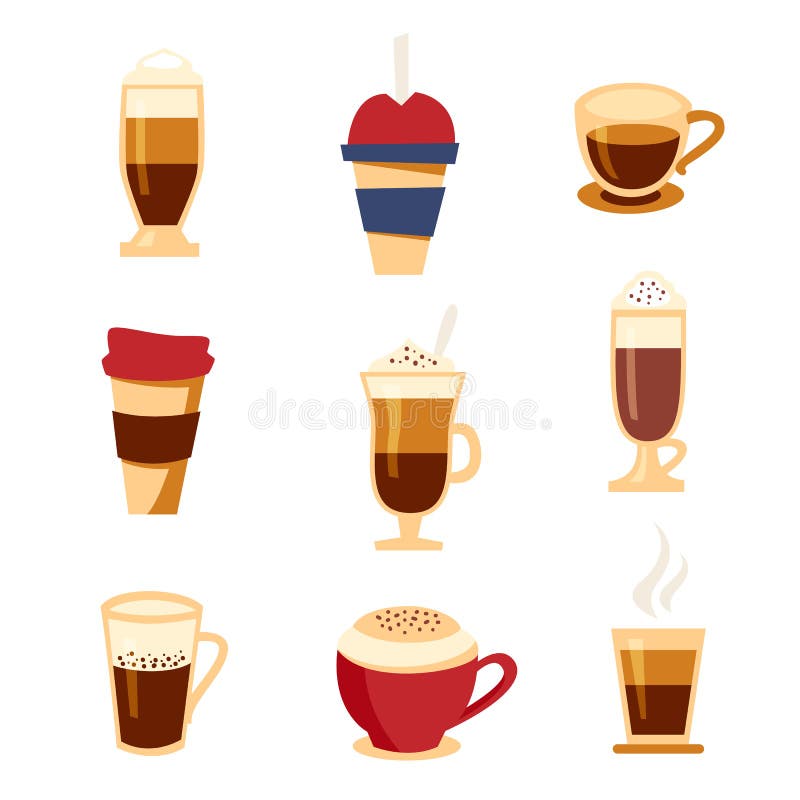 Coffee Types Icons Set, Flat Style. Beverages Menu Stock Vector ...
