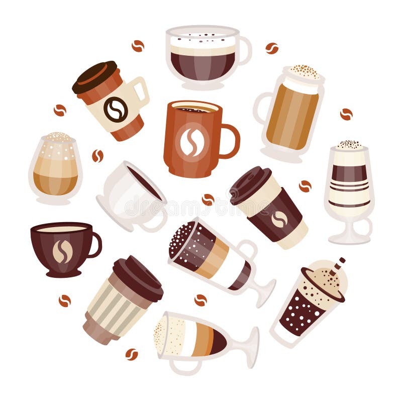 Coffee Types Poured in Mug and Cup Arranged in Circle Vector Template ...