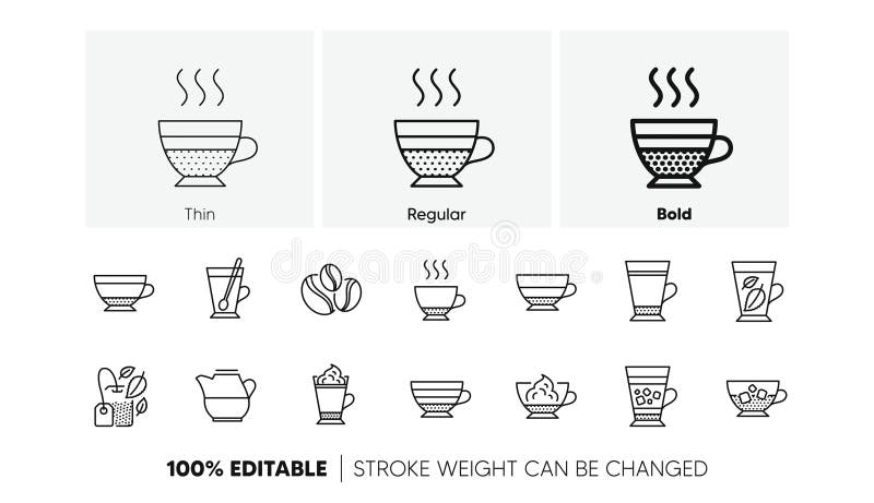 Coffee Types and Tea Icons. Mocha, Cappuccino and Latte. Linear Icon ...