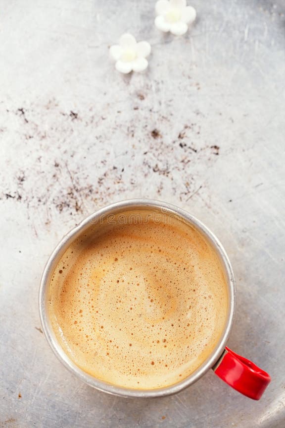 Coffee in Unusual Vintage Tin Mug with Red Handle Stock Image - Image ...