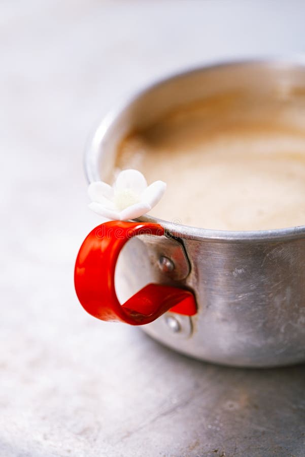 Coffee in Unusual Vintage Tin Mug with Red Handle Stock Image - Image ...