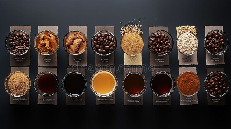 Coffee Varieties and Their Preparations Displayed on a Dark Surface in ...