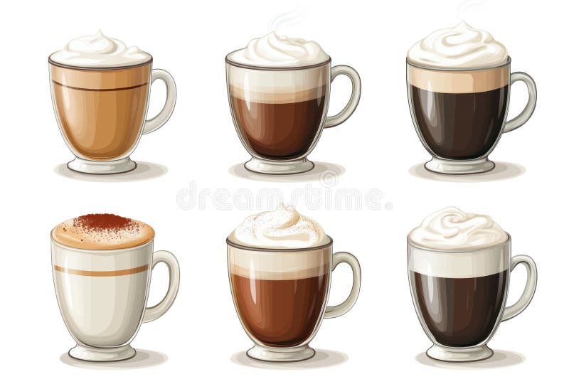 Coffee Varieties with Whipped Cream, Six Different Styles of Coffee ...