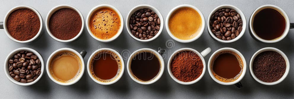 Coffee Variety. Twelve Cups with Different Coffee Beans, Grounds, Flat ...