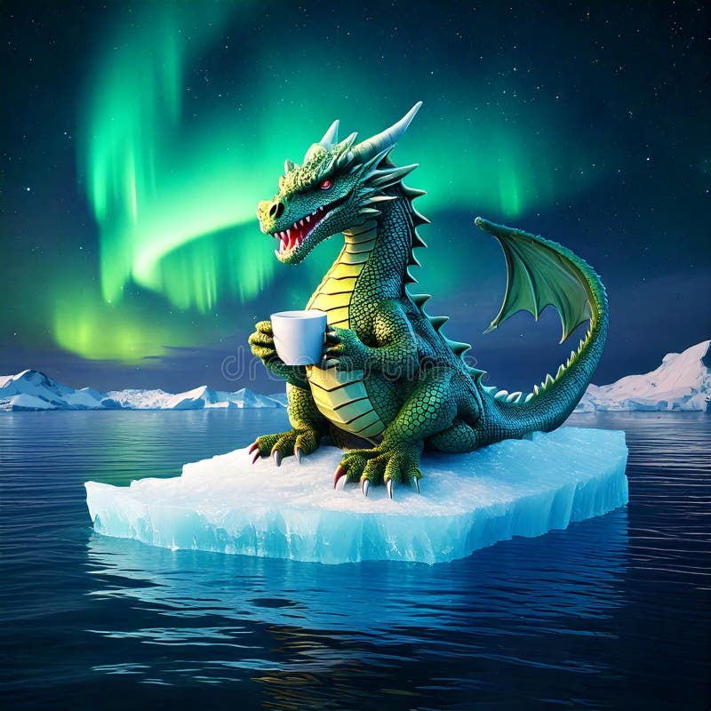 Coffee with a View: a Green Dragon Sipping Java on an Iceberg in the Arctic S Frozen Ocean ...