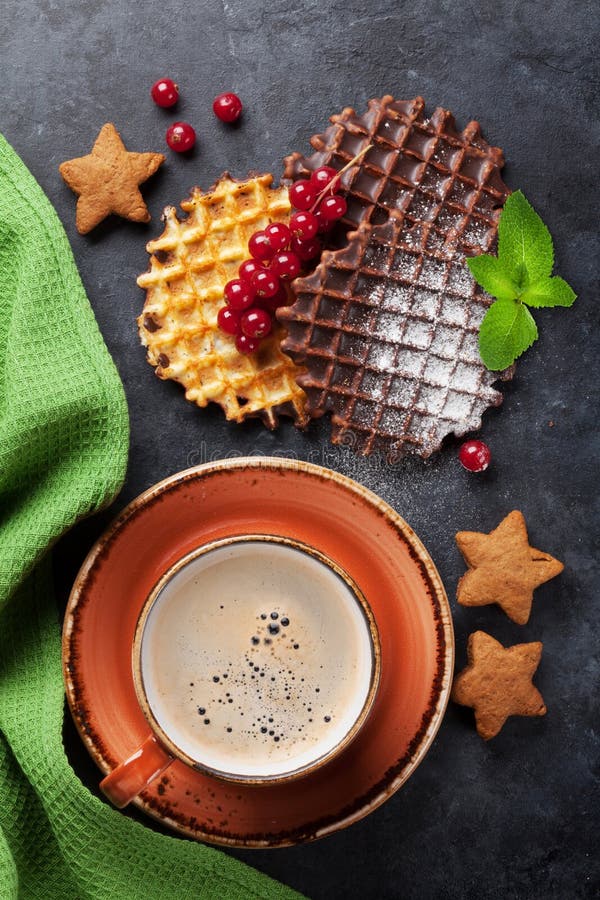 Coffee with Waffles and Sweets Stock Photo - Image of plate, black ...