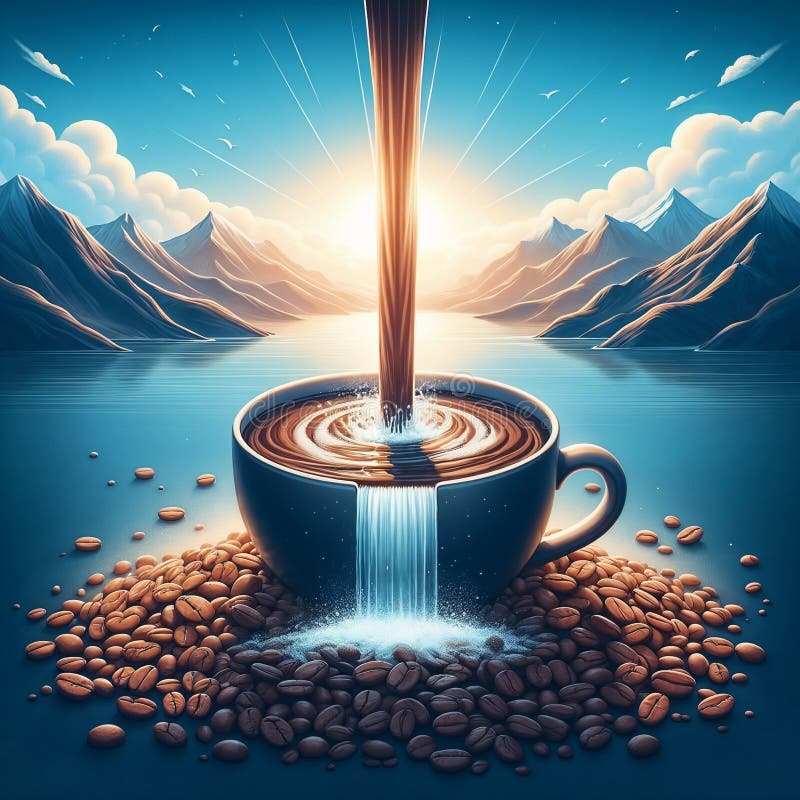 Coffee Waterfall Pouring into Cup Against Mountain Scenery Stock ...