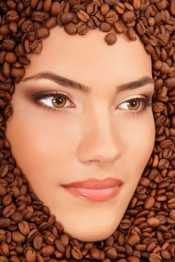 Beautiful Young Woman with Coffee Around Her Face. Stock Photo - Image ...