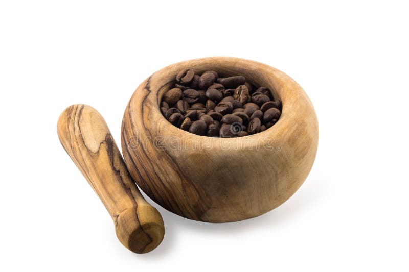 Coffee in Wood Mortar Isolated on White Stock Image - Image of kitchen ...