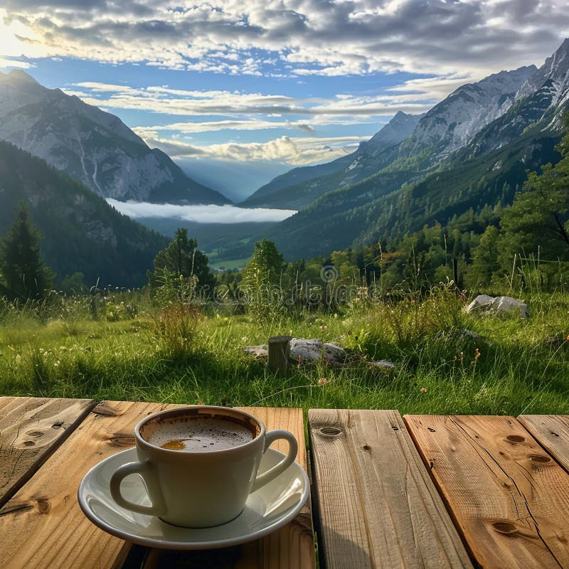 Coffee on Wooden Deck Overlooking Majestic Mountain Valley Stock Image ...