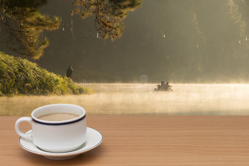 Coffee on Wooden Table with Beautiful Scenery Stock Image - Image of ...