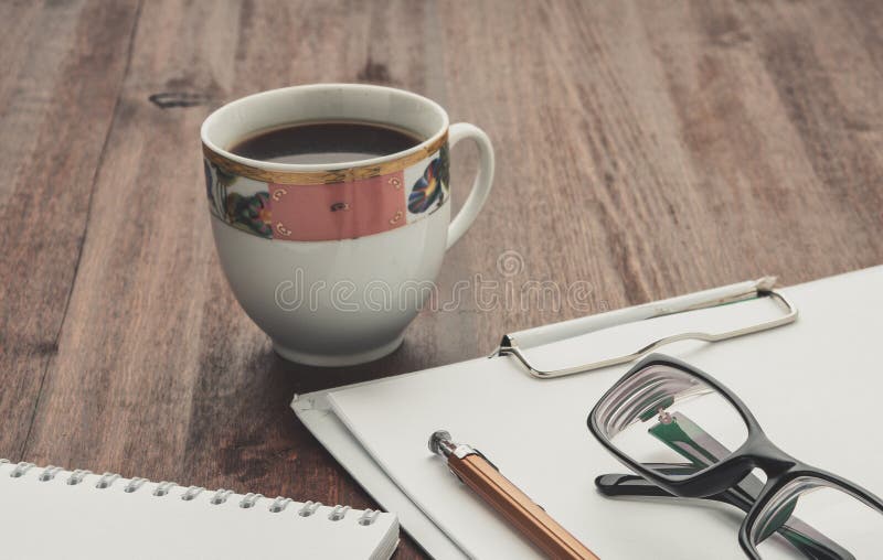 Coffee on Work Table. Wood Texture Stock Image - Image of beverage ...