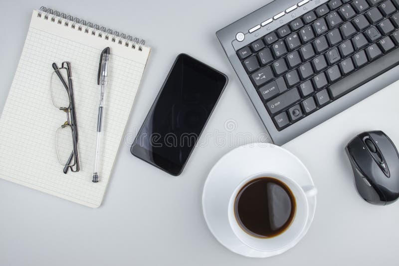 Coffee at Workplace, Top View of Work Desk with Keyboard and Stationery ...